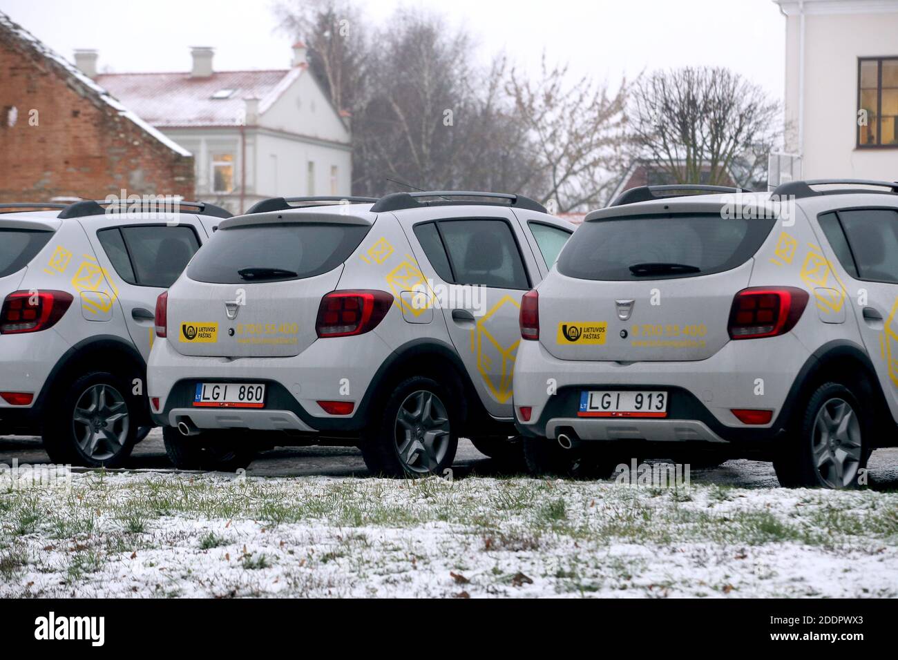 Lithuanian post cars lined up in the city hall. Kedainiai Stock Photo ...