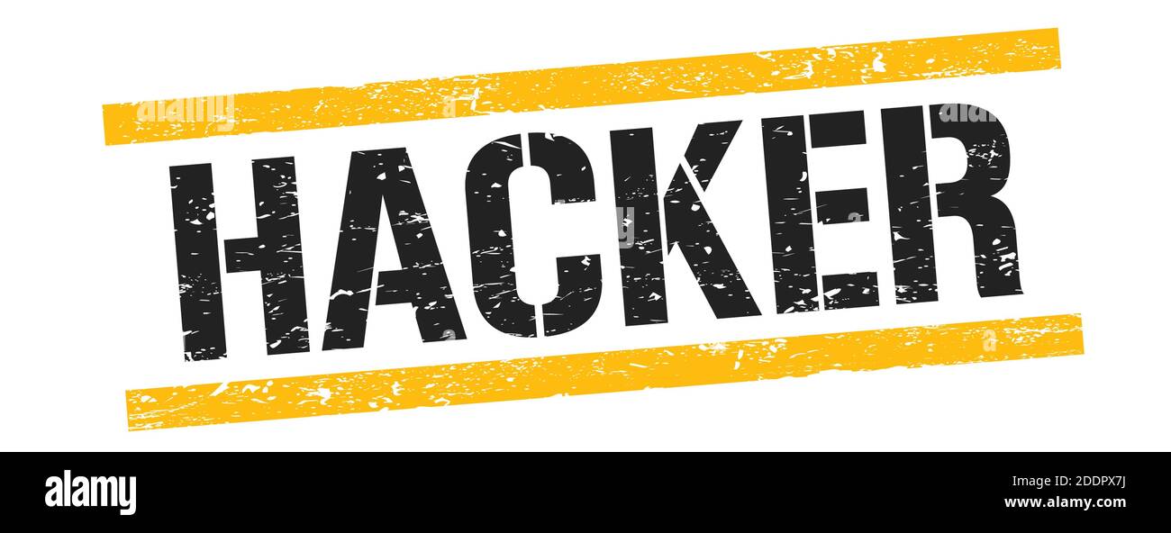 HACKER text on black yellow grungy lines stamp sign Stock Photo - Alamy