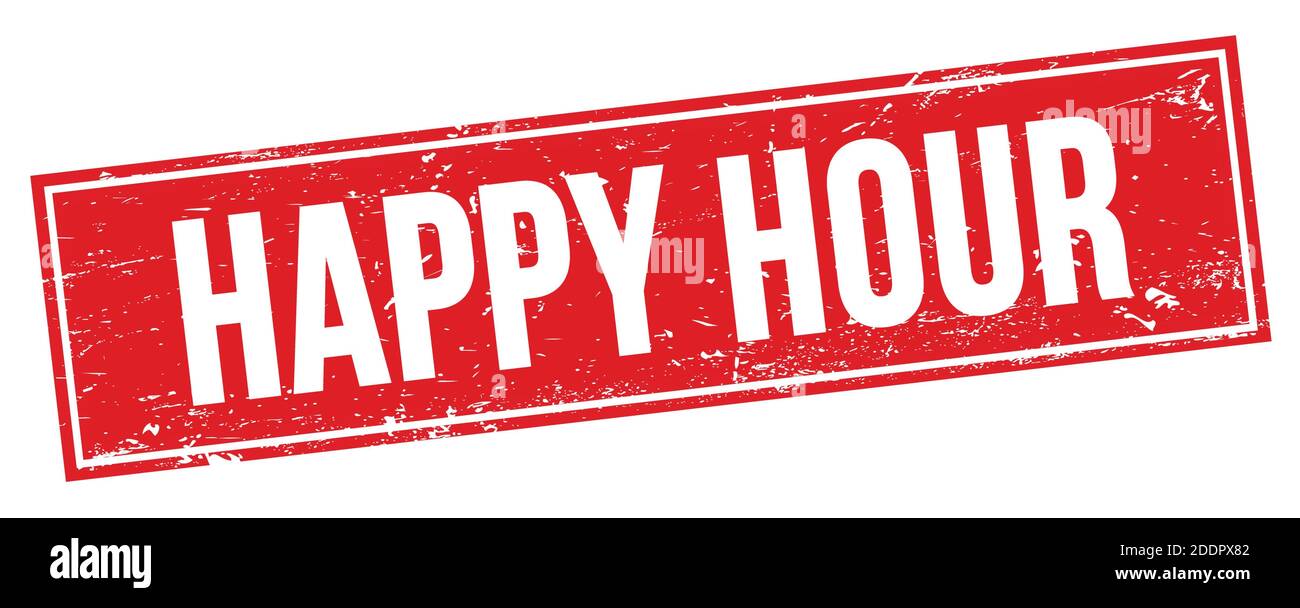 HAPPY HOUR text on red grungy rectangle stamp sign Stock Photo - Alamy