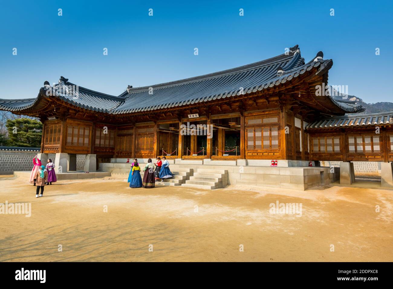Korean wooden traditional house with black tiles in Gyeongbokgung, also ...