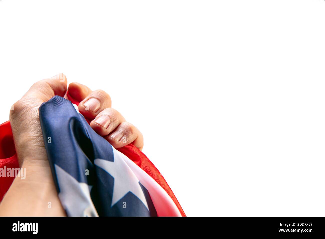 Human hand with flag of USA. Presidents Day concept. Flyer for ad Stock ...