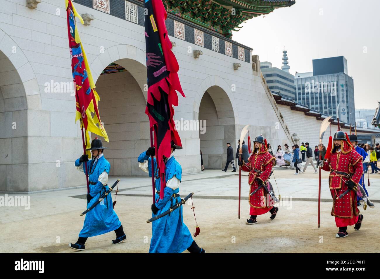 Warriors of the Royal guard in historical costumes in daily Ceremony of ...