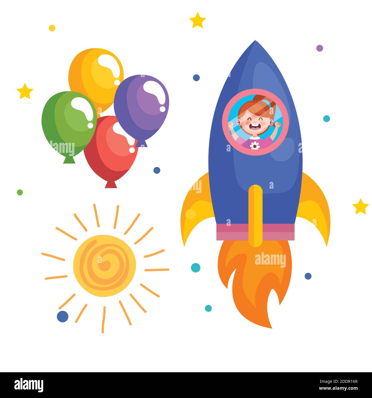 girl cartoon in rocket with balloons vector design Stock Vector Image ...