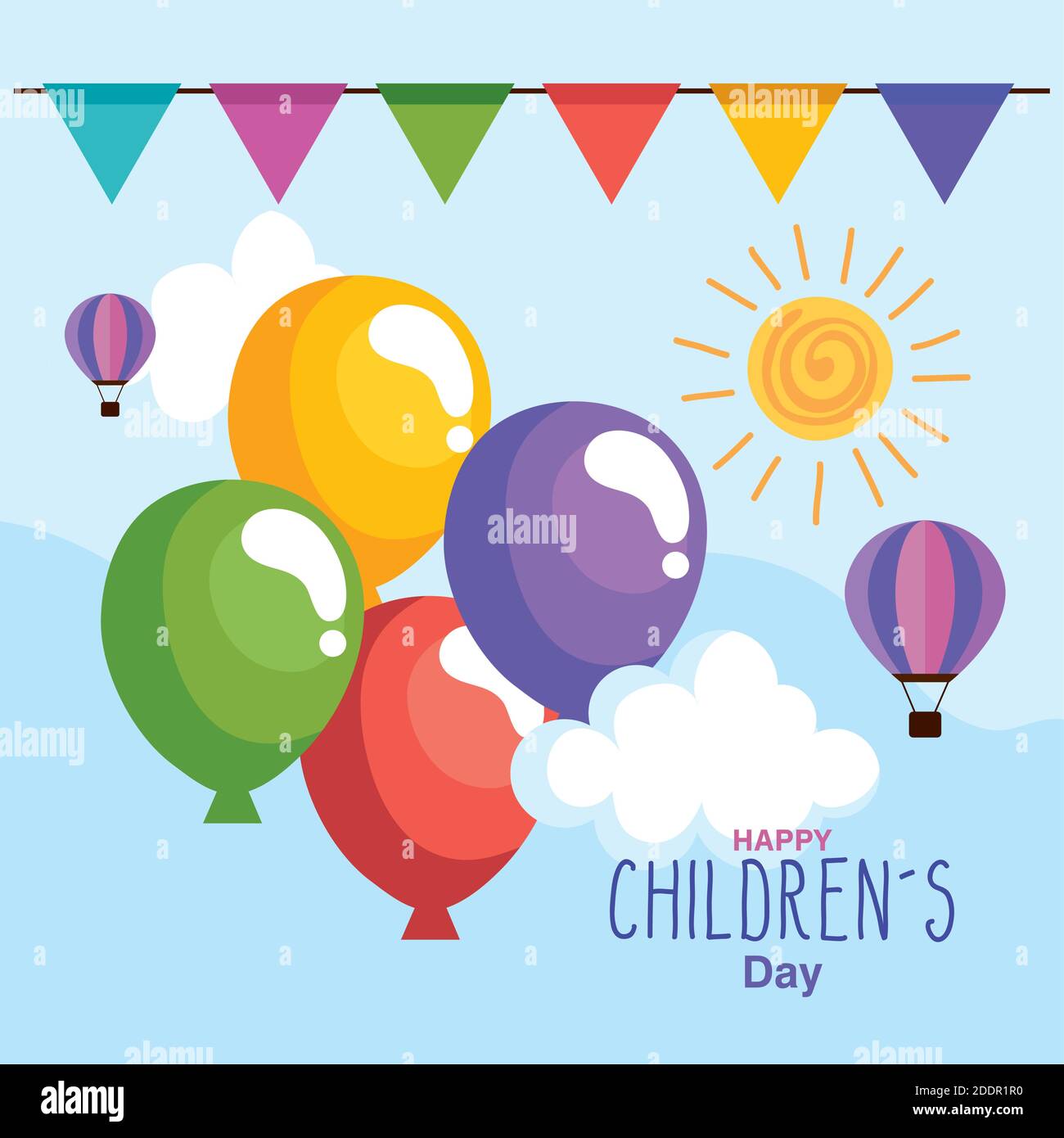 Happy childrens day with balloons and hot air balloon vector design ...