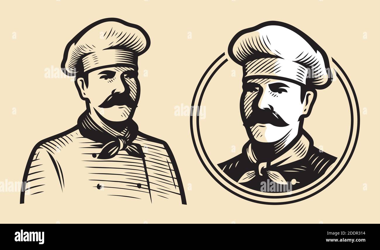 Chef sketch. Restaurant emblem, food concept vintage vector ...