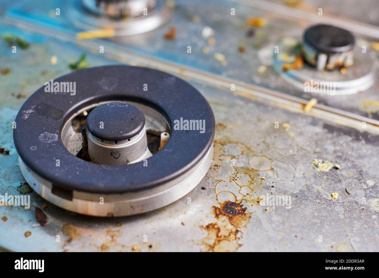 Dirty stove top with oil splatters, fat stains and food leftovers ...