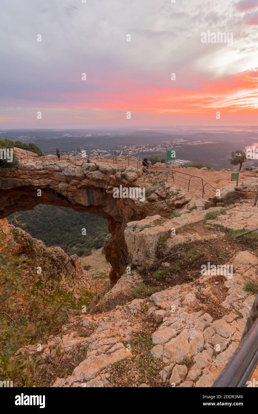 Sunset view of the Keshet Cave, a limestone archway spanning the ...