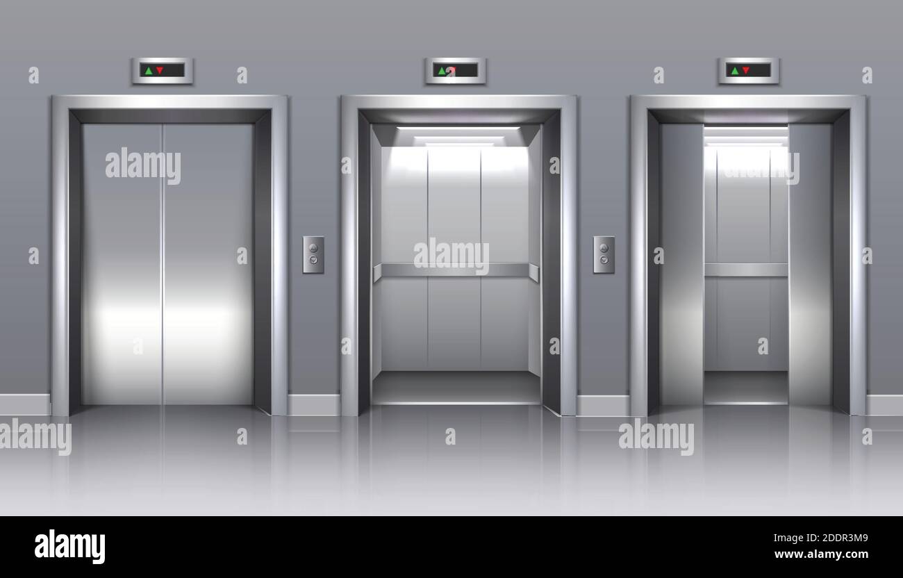 3d realistic vector office building elevator with closed, open or half closed doors Stock Vector ...