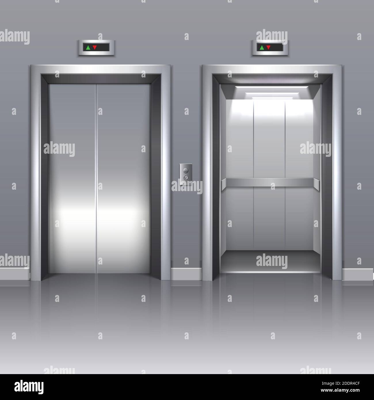 3d realistic vector office building elevator with closed or open doors ...