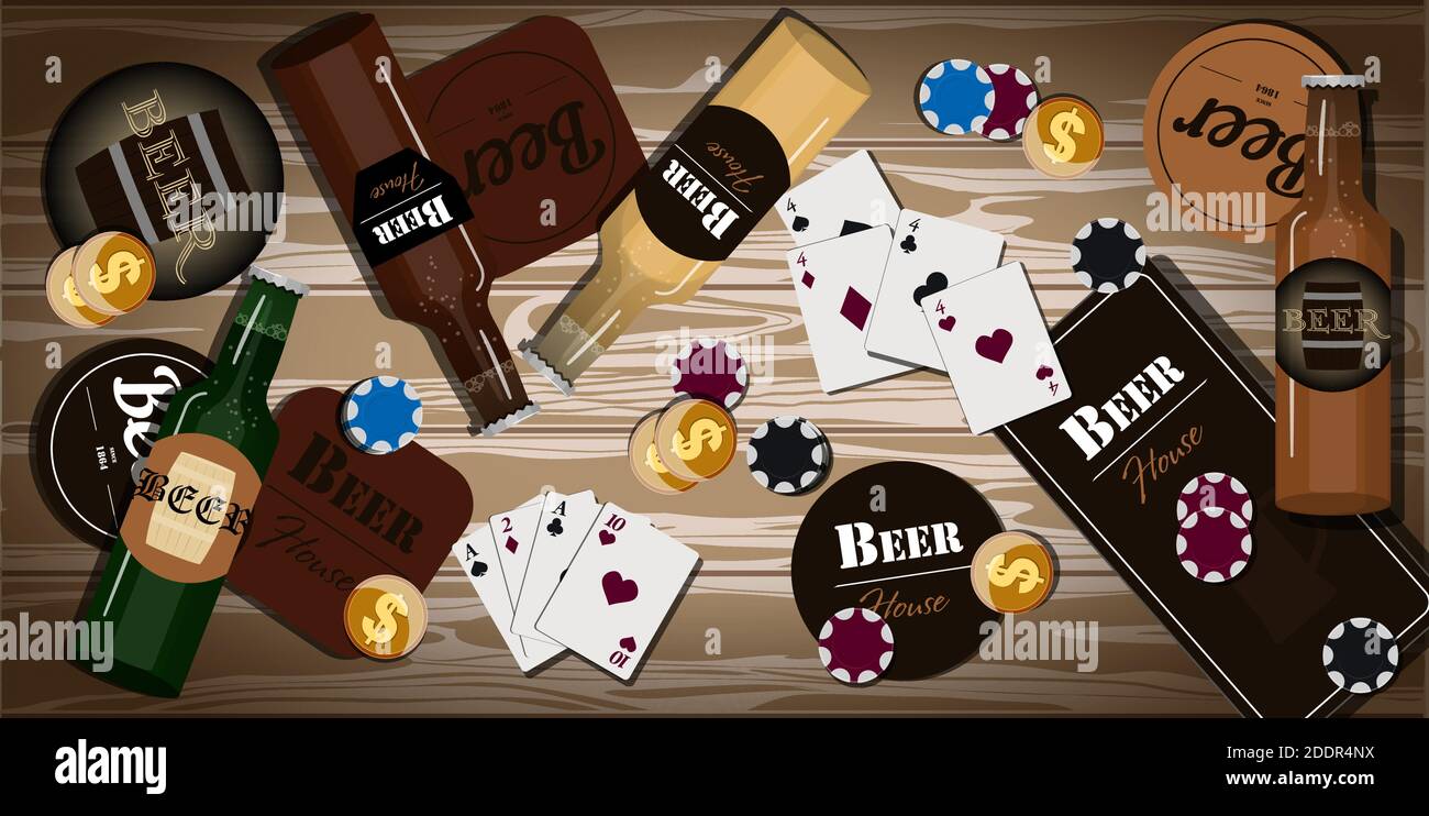 Table with items for playing cards, poker, dominoes. Top view of the ...