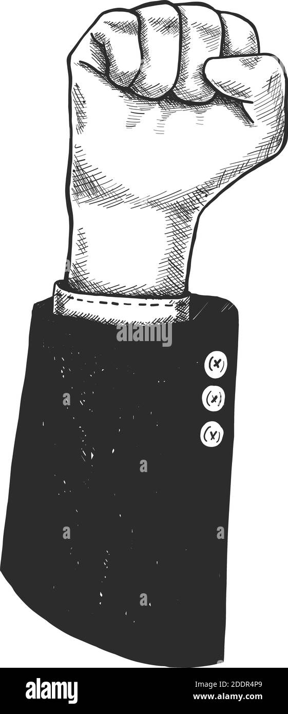 Vector hand drawn hand fist, gesture of man in black jacket. Isolated ...