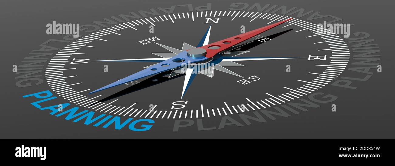 Planning word on compass with blue and red needle, 3D rendering Stock ...