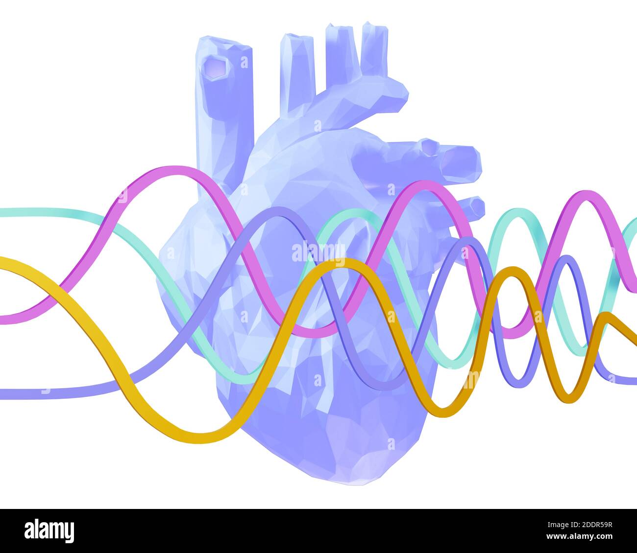 Low poly anatomical paper blue heart with colored curved lines, 3d ...