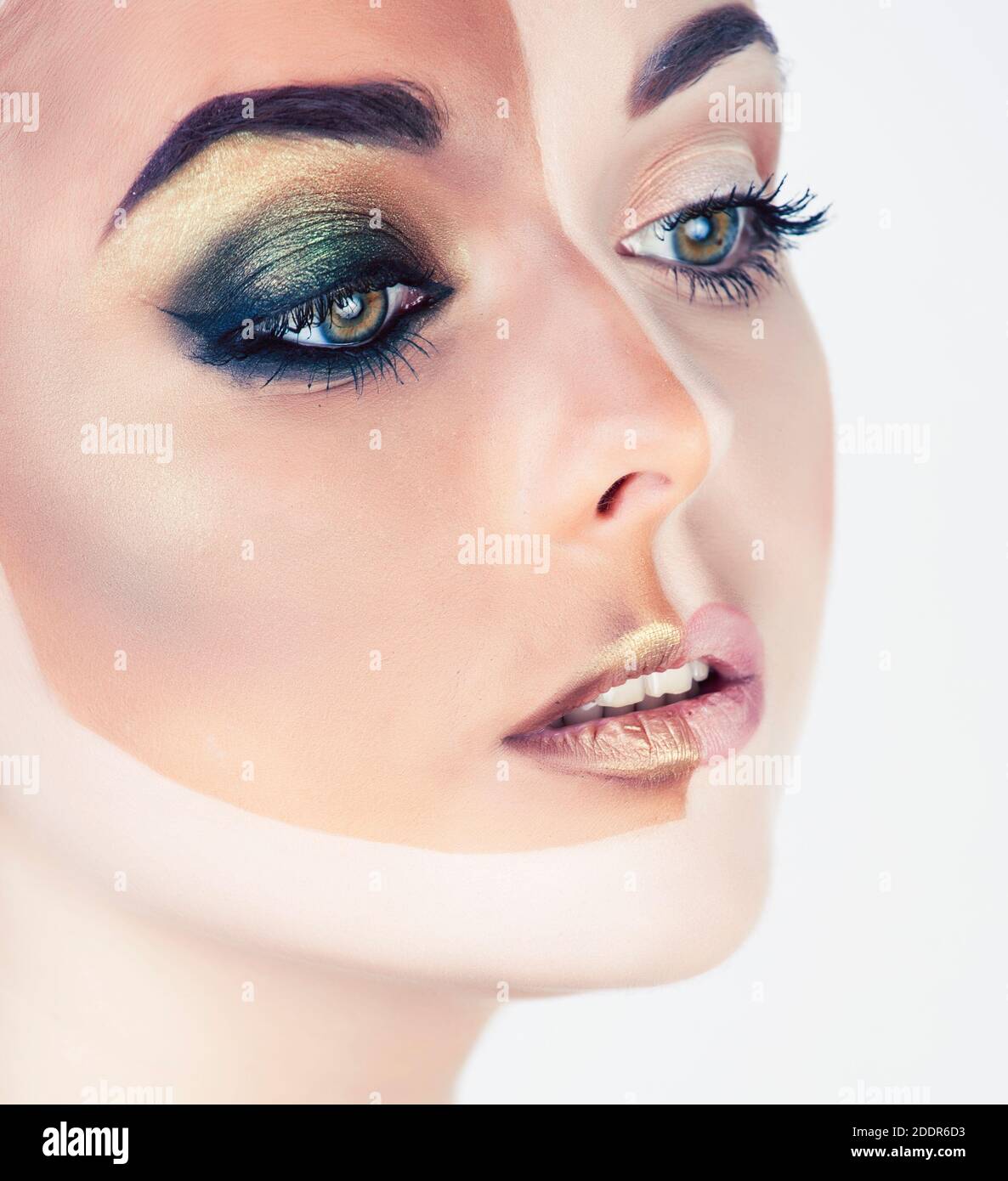 half faced woman with creative makeup like before sunbathe and after ...