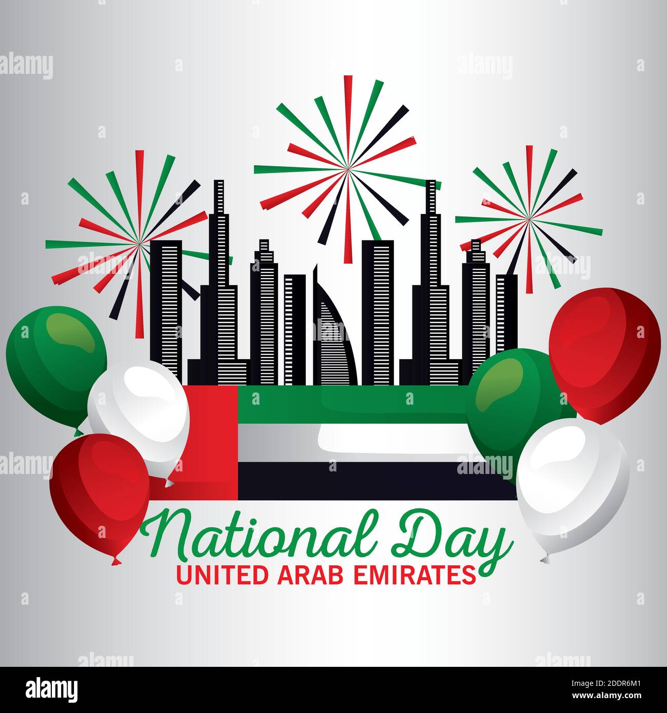Uae national day with flag fireworks balloons and city vector design ...