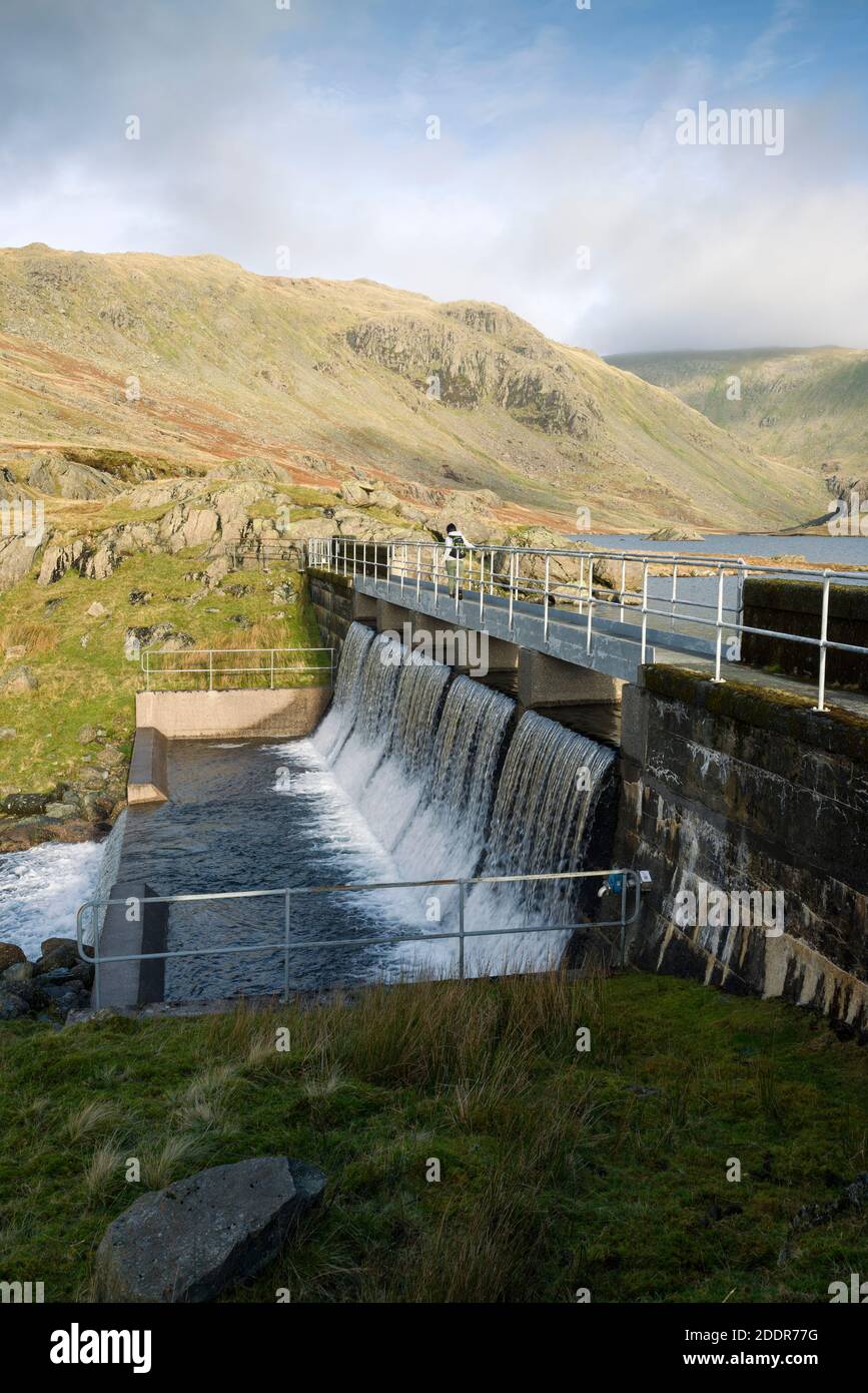 The outflow from Seathwaite Tarn reservoir (Tarn Beck) in the Lake ...