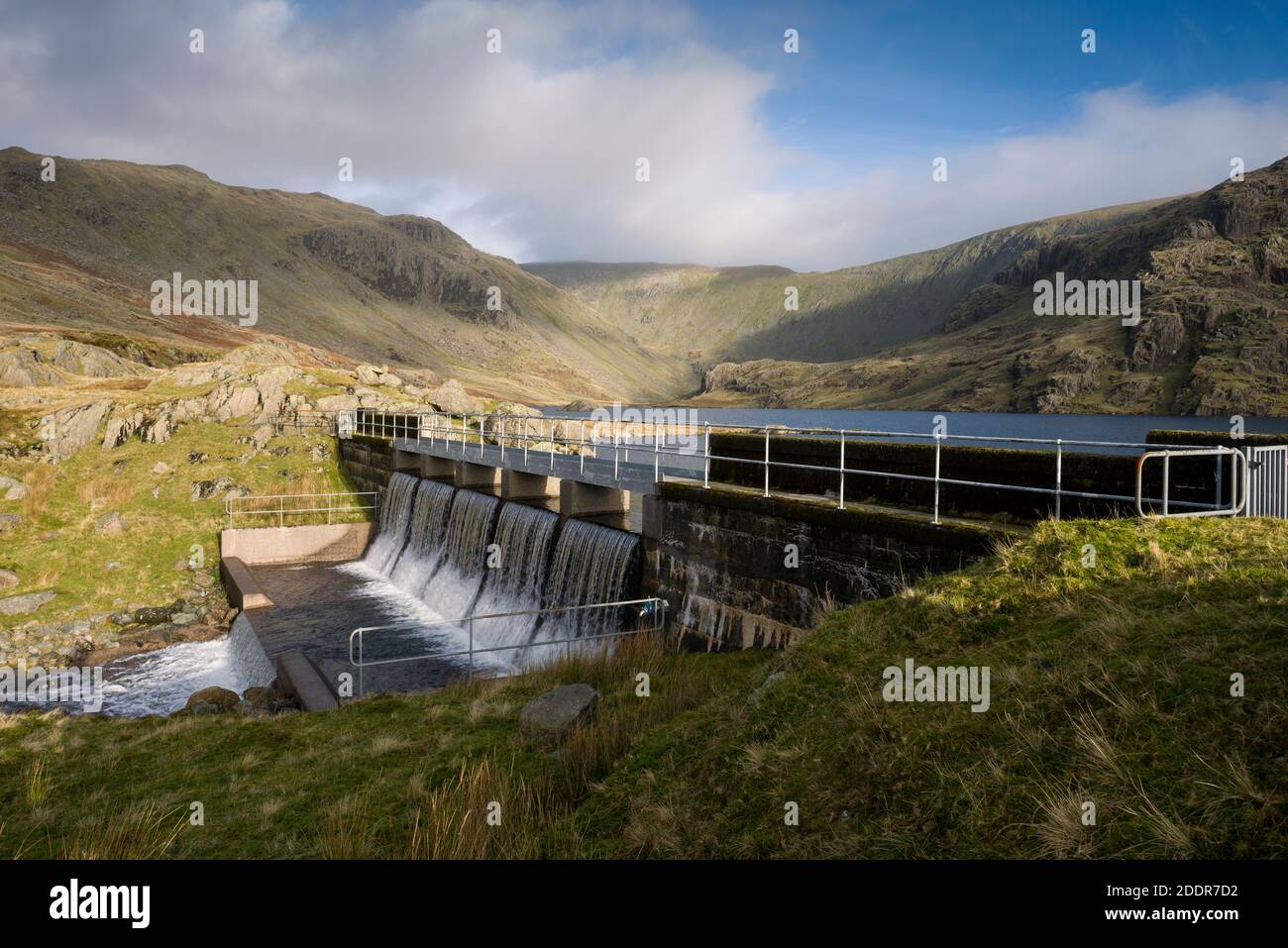 The outflow from Seathwaite Tarn reservoir (Tarn Beck) in the Lake ...