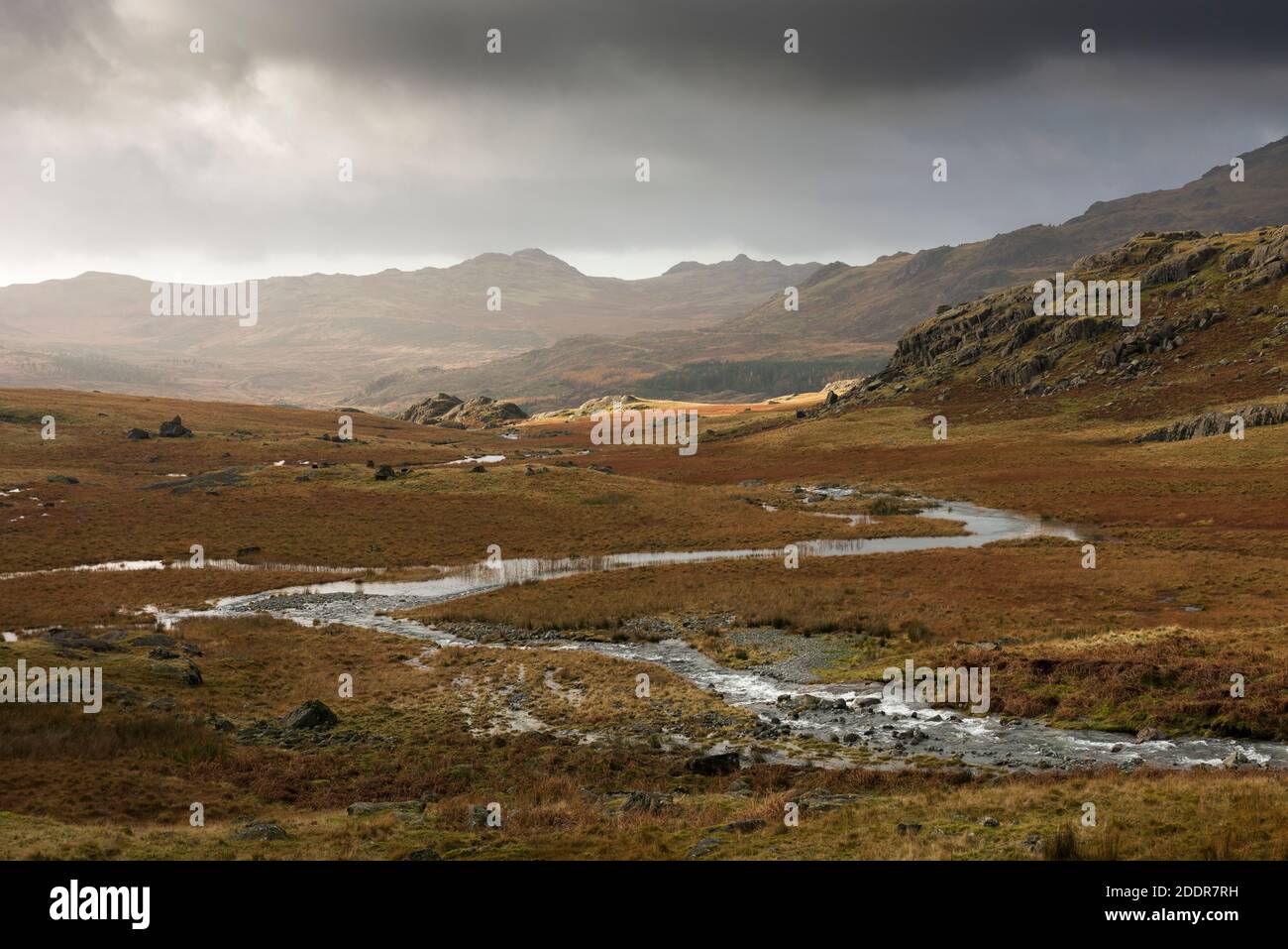 Tarn Beck winding through the landscape below Seathwaite Tarn before ...