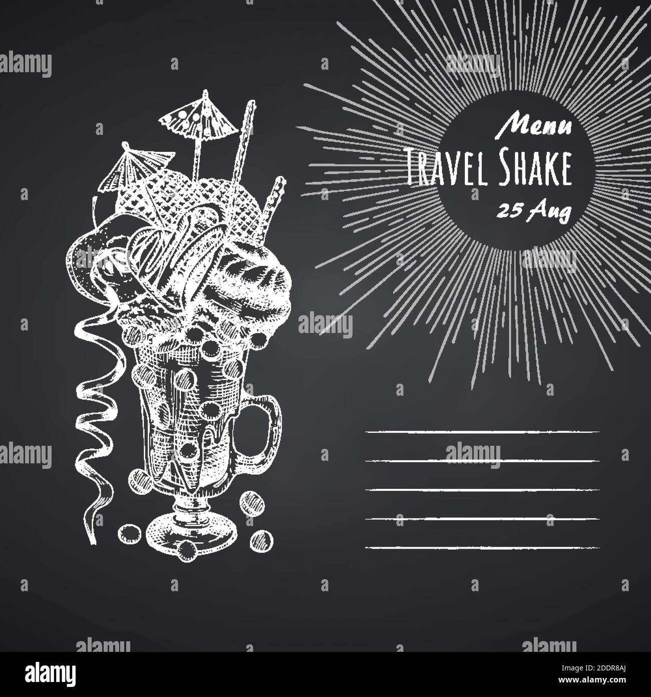 Monster shake dessert menu, chalkboard background. Hand drawn black and ...