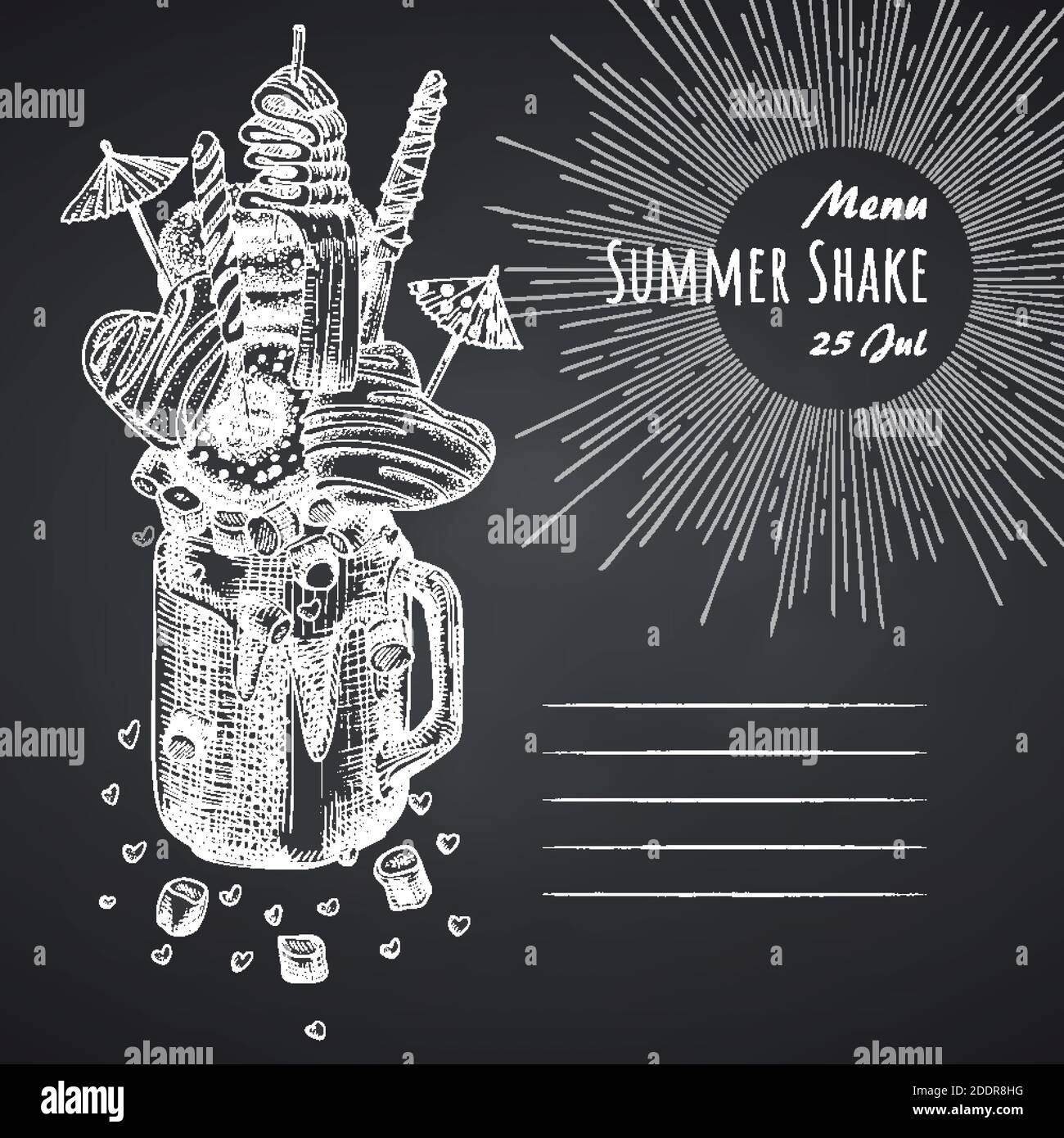 Monster shake dessert menu, chalkboard background. Hand drawn black and ...
