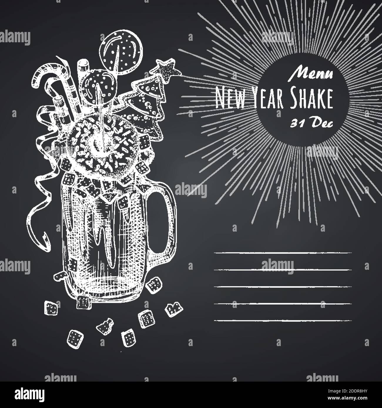 Monster shake dessert menu, chalkboard background. Hand drawn black and ...