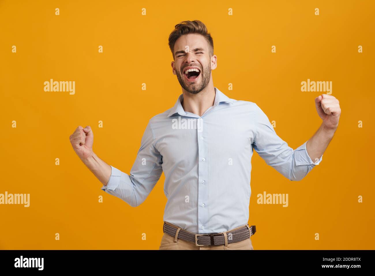 Delighted handsome guy screaming while making winner gesture isolated ...