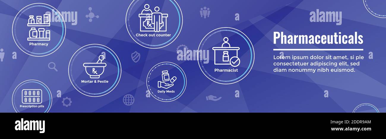 Pharmaceuticals & medications icon set with web header banner Stock ...