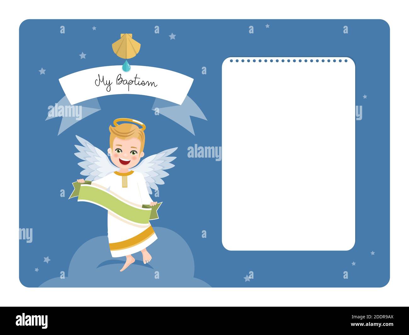 Angel with ribbon. Baptism horizontal invitation with message. Flat ...