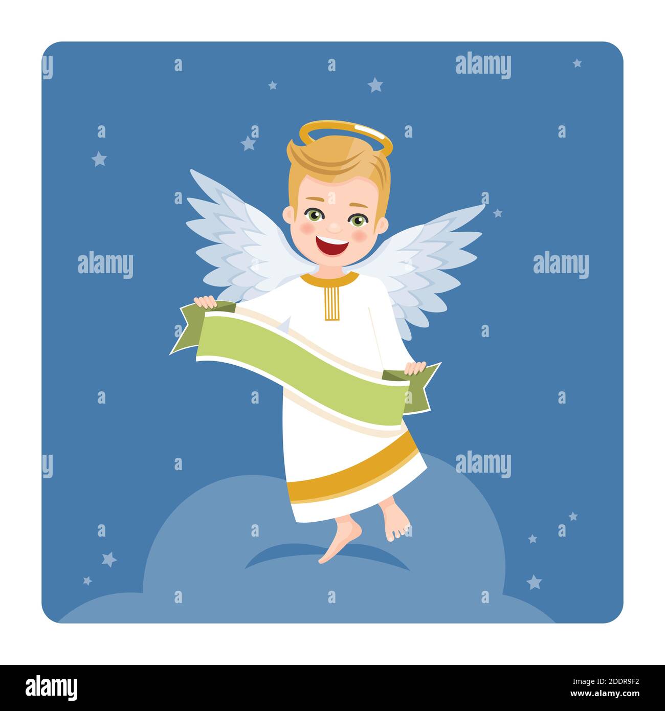 Angel with ribbon on blue sky and stars background. Flat vector ...