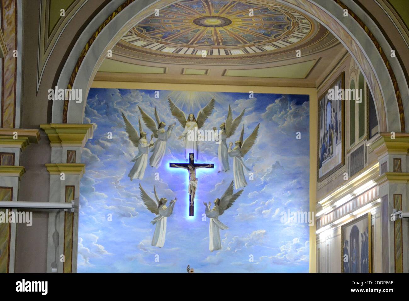 Catholic church, church interior with cross of Christ crucified and ...