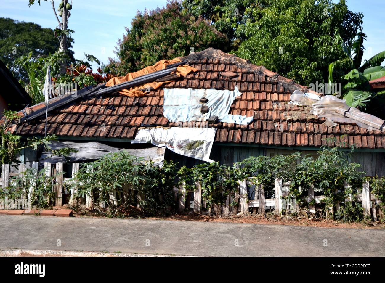 Wooden wing facade, old, old house, in panoramic photo, with broken ...