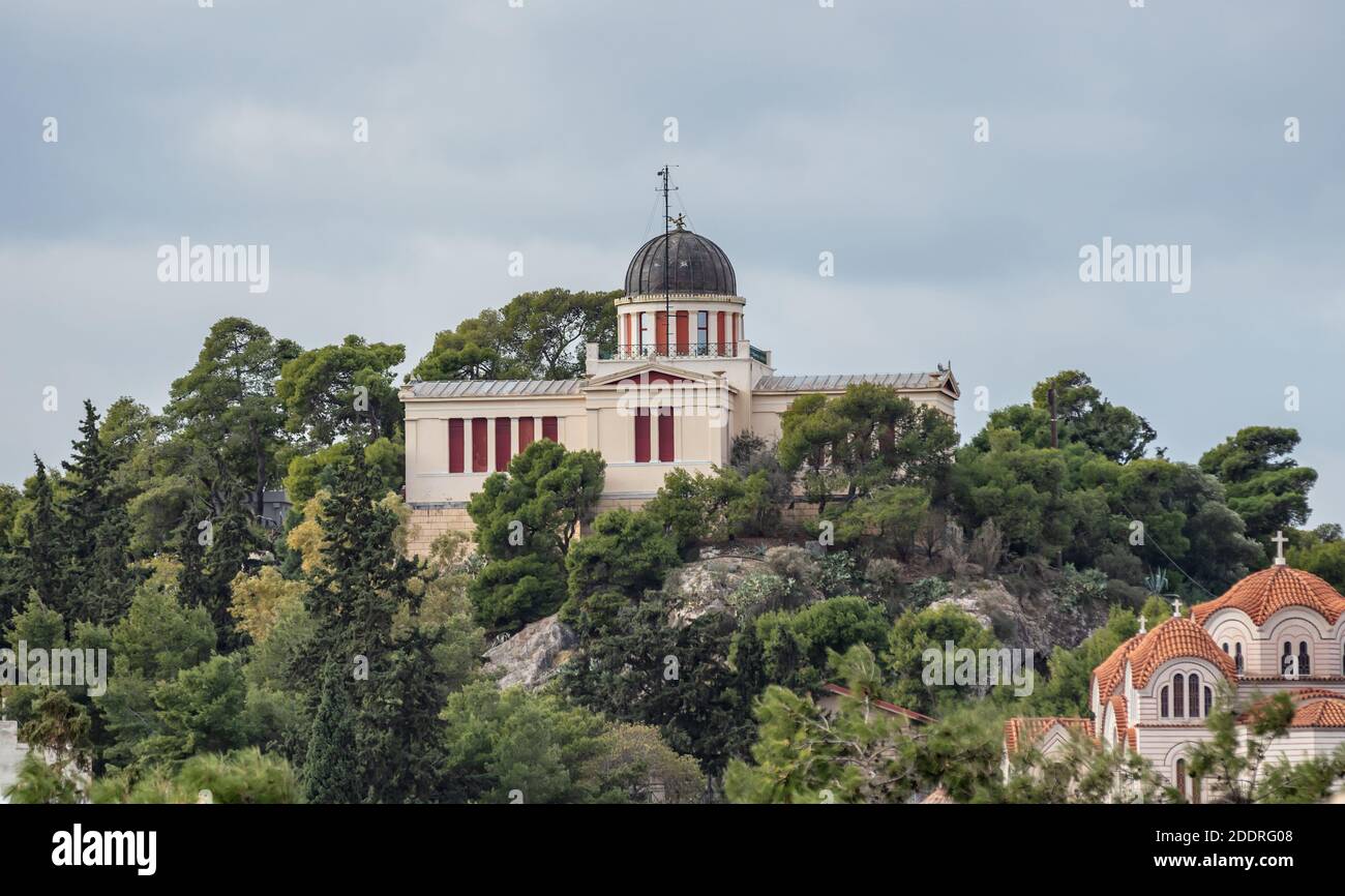 Athens, Greece. National observatory building on a hill, view from ...