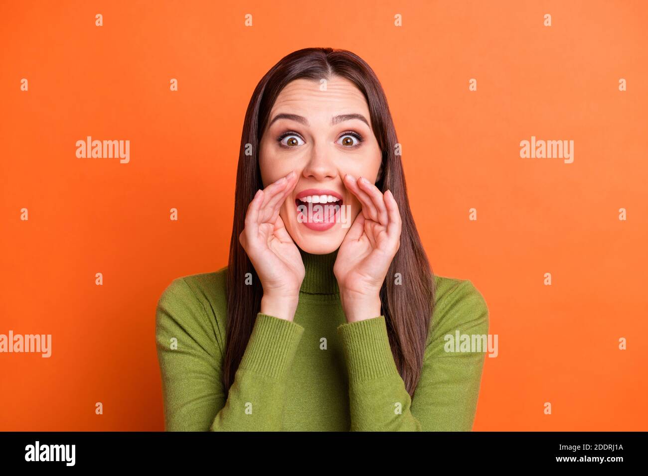 Portrait of young beautiful happy excited shocked girl hold hand mouth ...