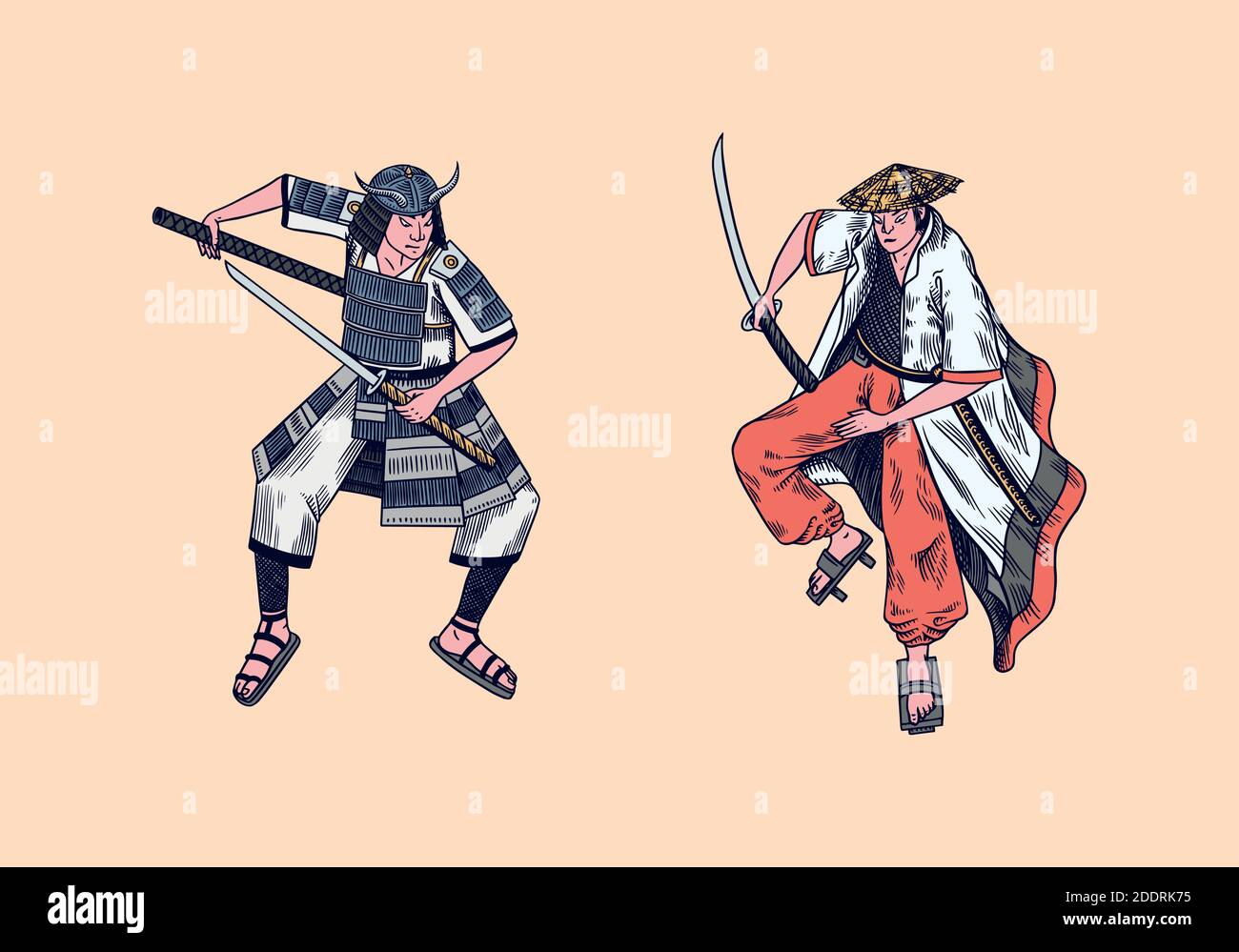 Japanese samurai set. Warriors with weapons sketch. Men in a fight pose ...
