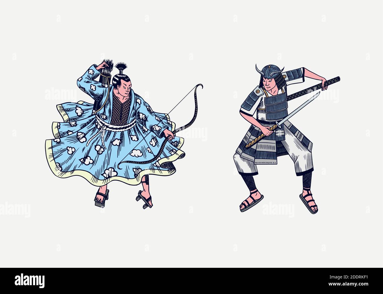 Japanese samurai set. Warriors with weapons sketch. Men in a fight pose ...