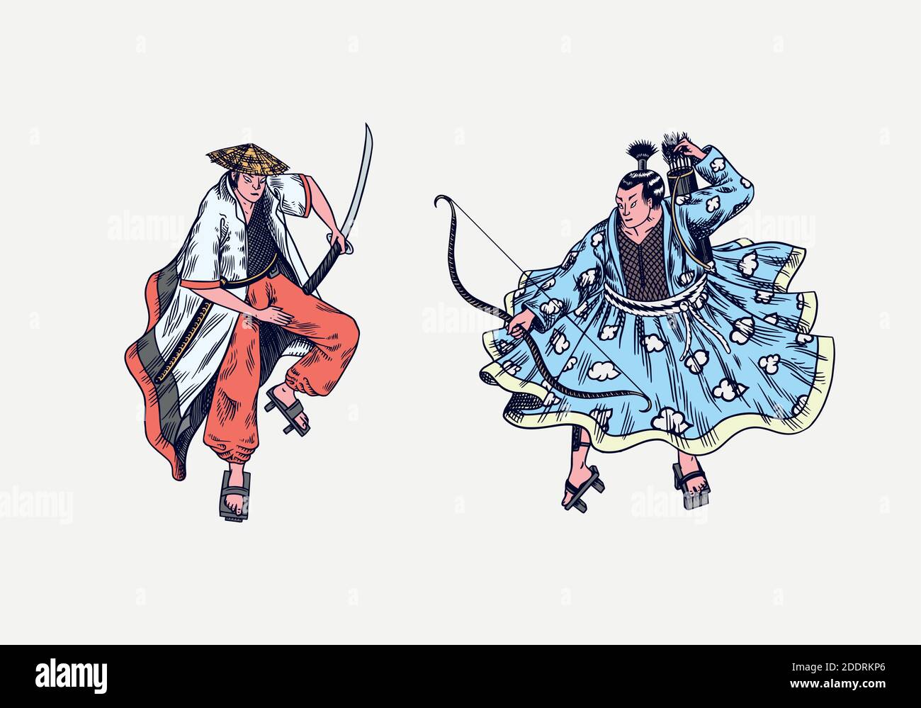 Japanese samurai set. Warriors with weapons sketch. Men in a fight pose ...