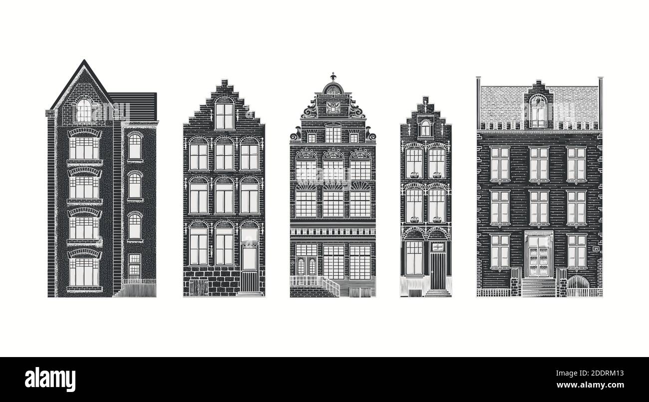 Amsterdam houses. Urban residential buildings. Scandinavian style. European city. Hand drawn ...