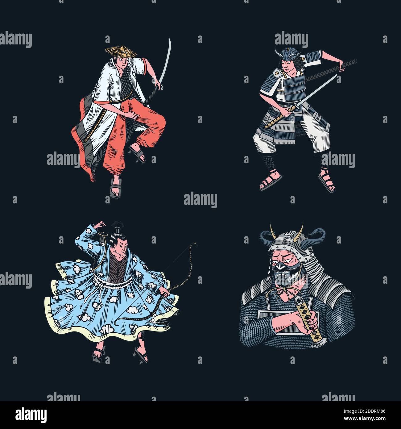 Japanese samurai set. Warriors with weapons sketch. Men in a fight pose ...