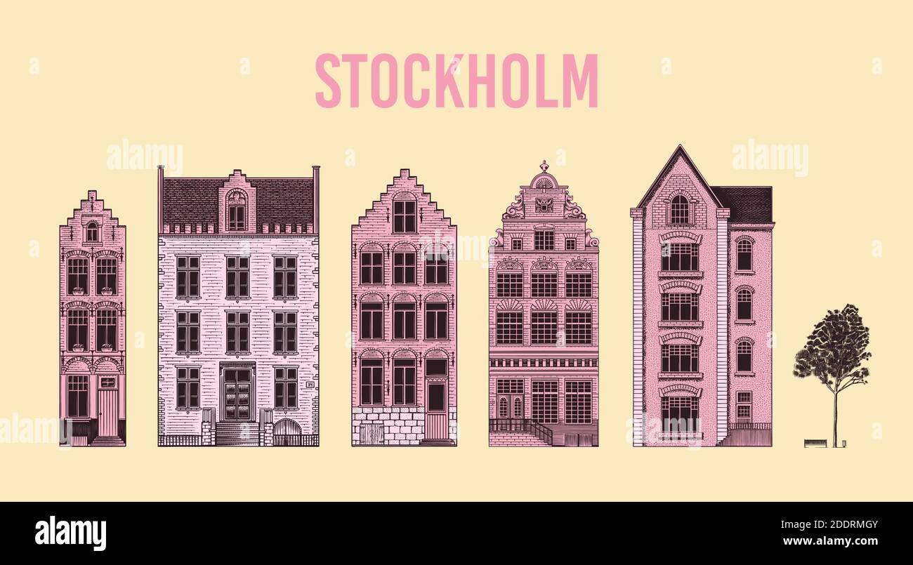 Amsterdam houses. Urban residential buildings. Scandinavian style. European city. Hand drawn ...