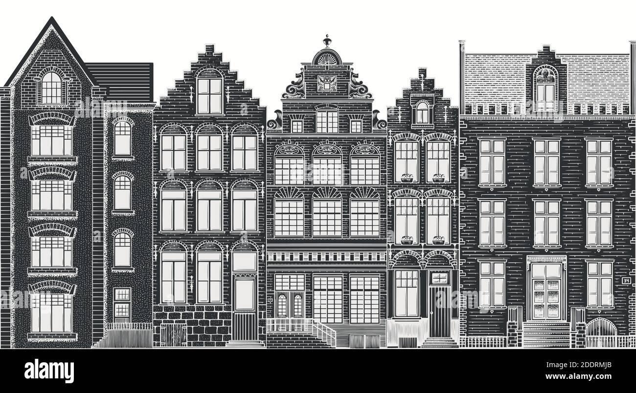 Amsterdam houses. Urban residential buildings. Scandinavian style. European city. Hand drawn ...