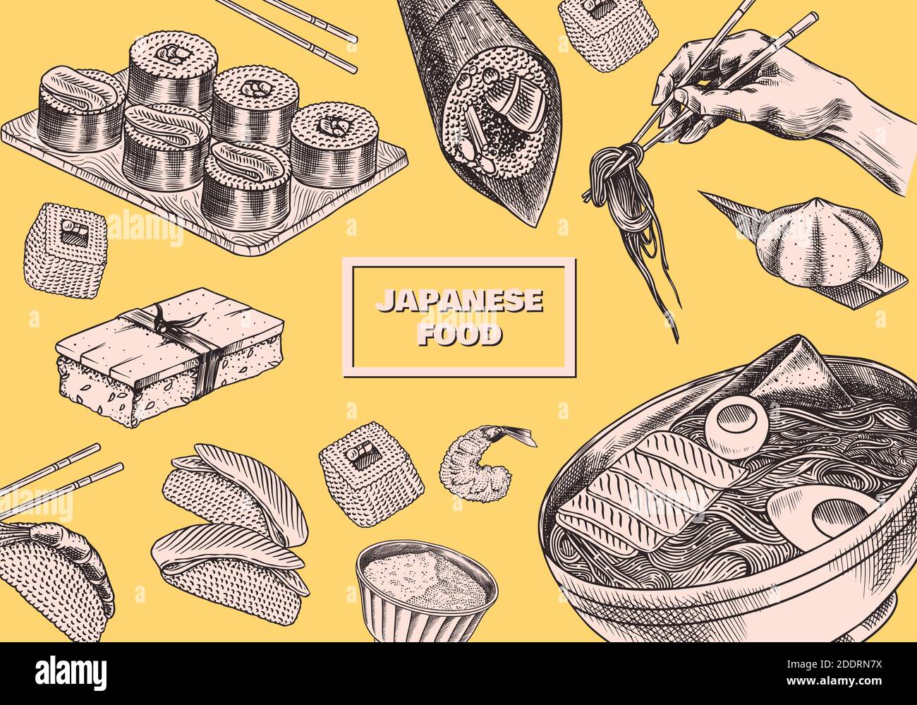 Japanese food poster. Sushi bar, ramen noodles, soup in a bowl, roll ...