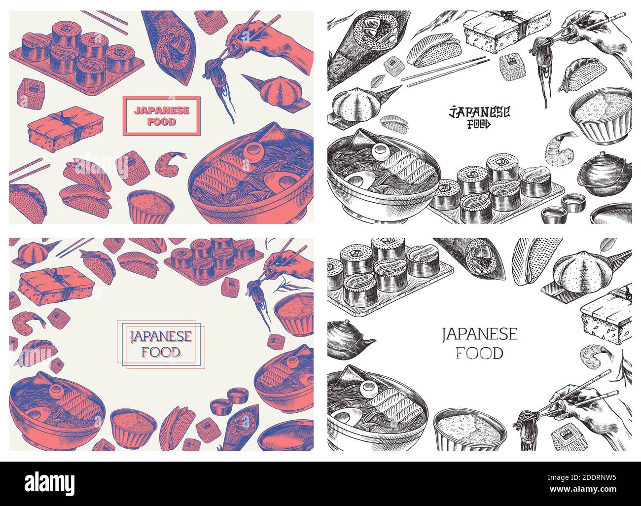 Japanese food poster. Sushi bar, ramen noodles, soup in a bowl, roll ...