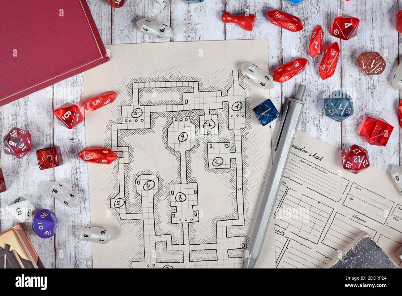 Tabletop role playing flat lay with RPG game dices, hand drawn ...