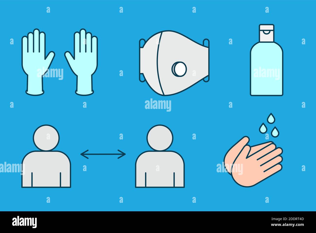 Gloves, mask, hand sanitizer, social distancing, wash hands, icon set ...