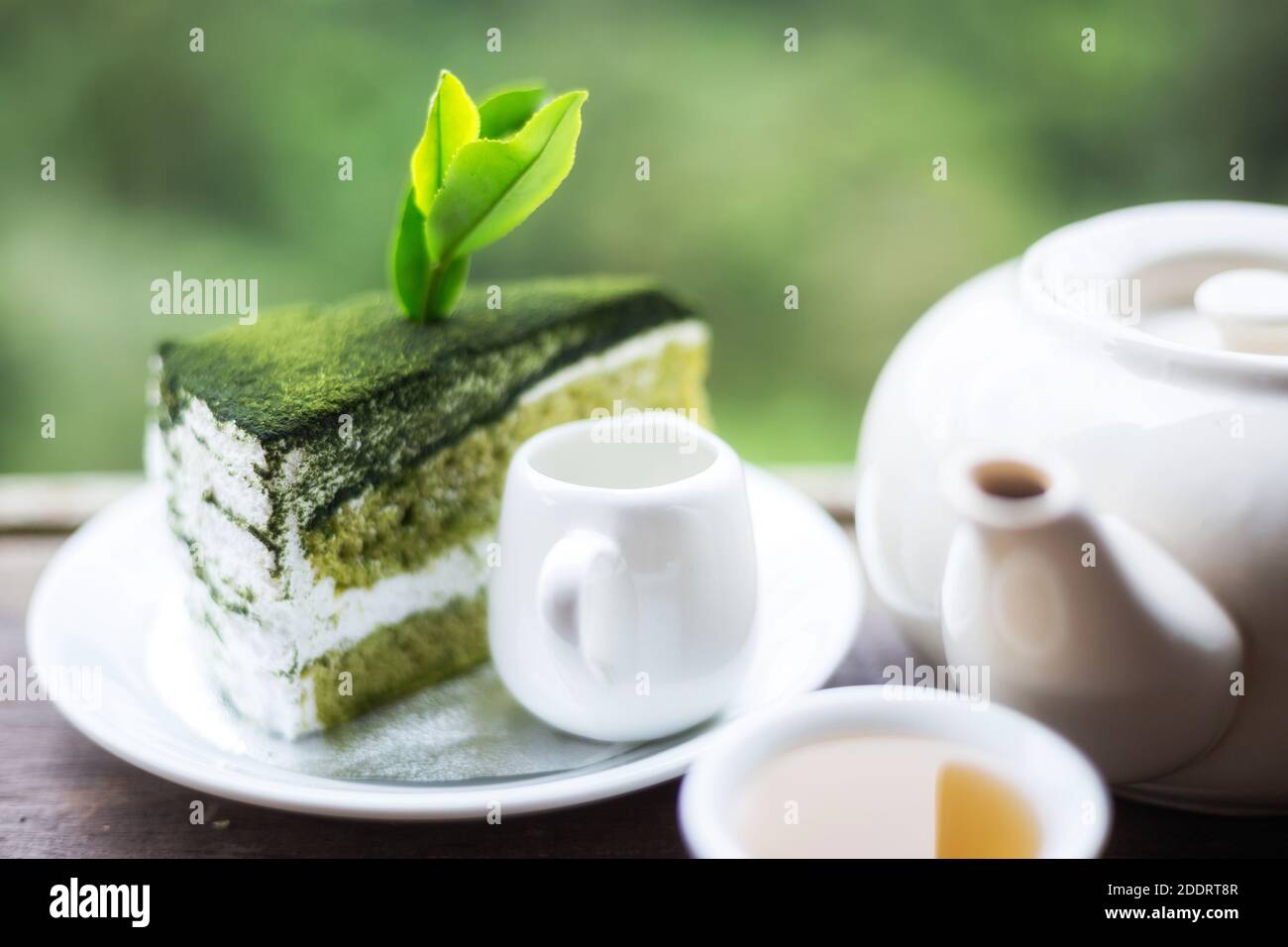cup of tea on wooden table front of beautiful tea plantation and ...