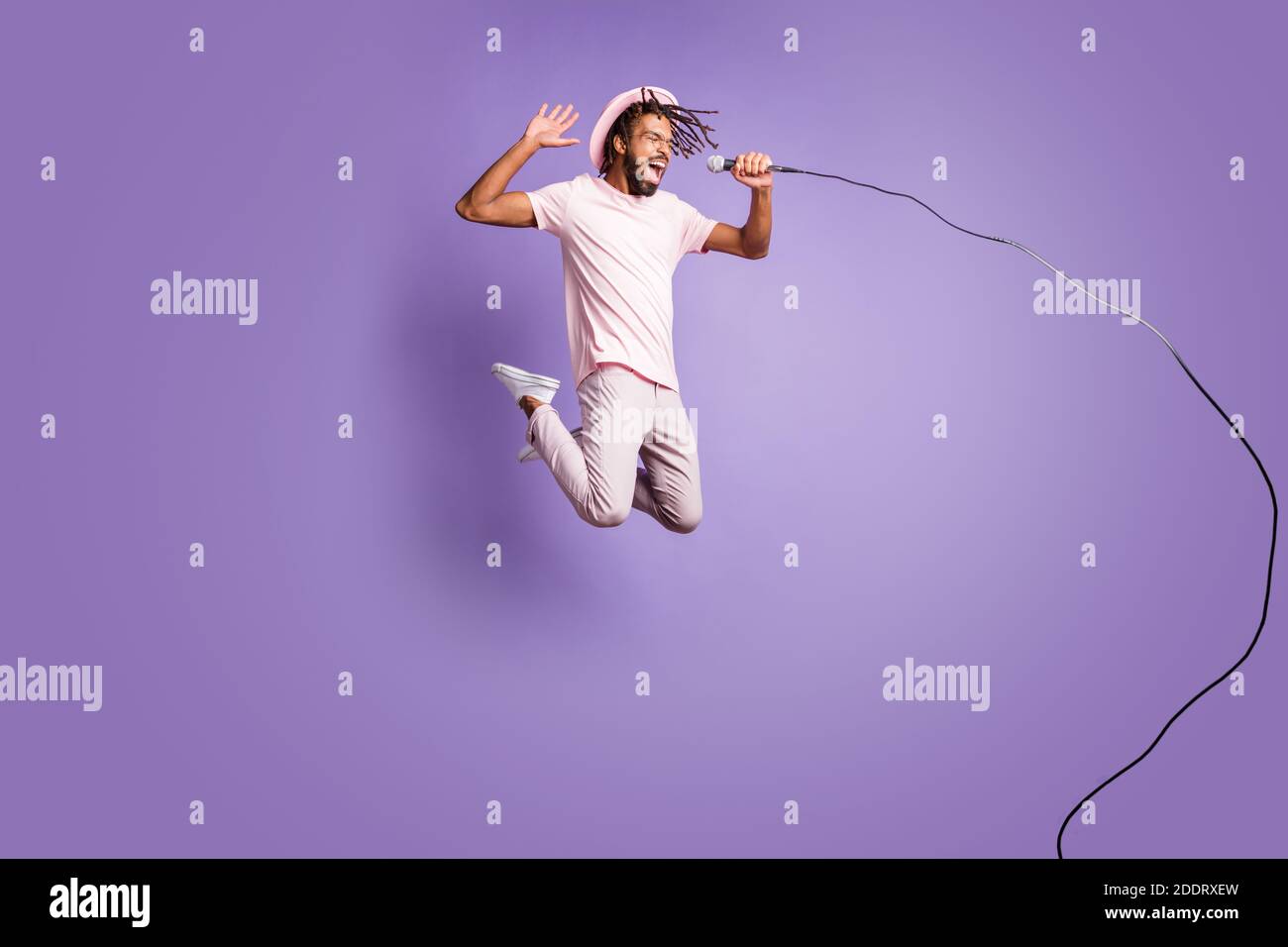 Full size photo of young afro happy crazy positive man guy jump fly ...