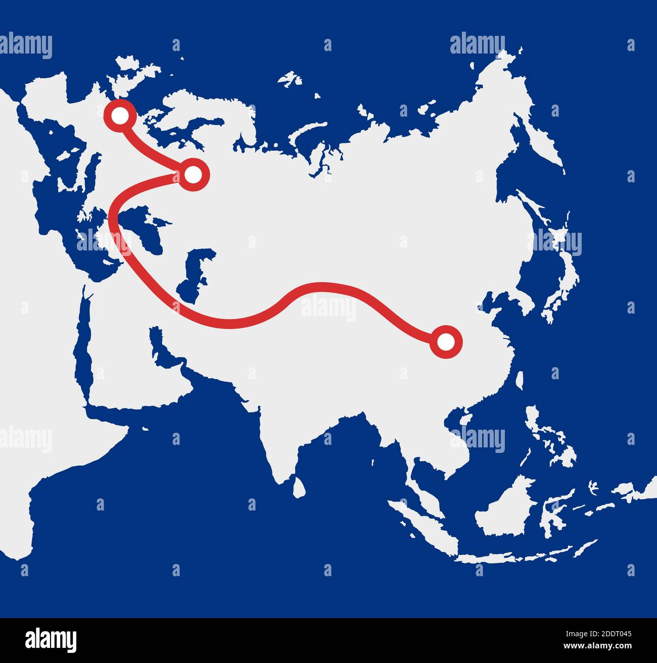 The new silk road - connection and transportation between China and Europe. Map of Eurasia with ...