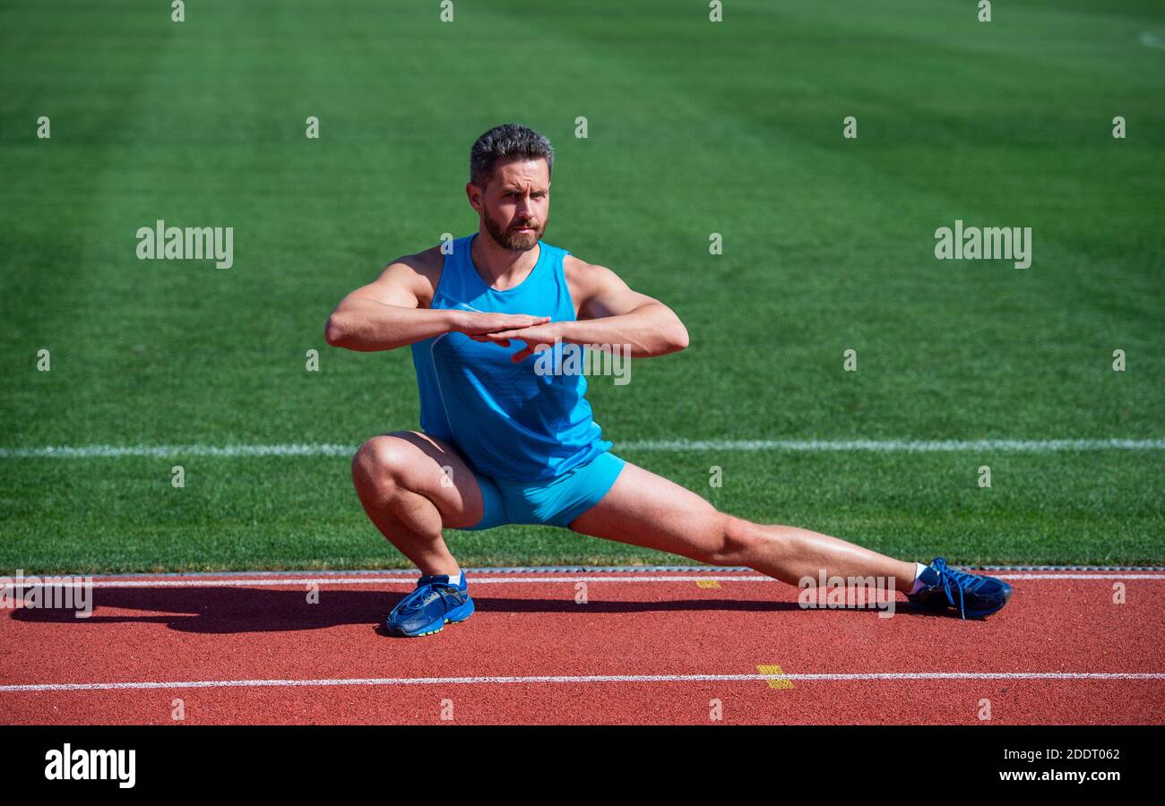 Never give up. sport success. male athlete do morning exercise. warm up ...