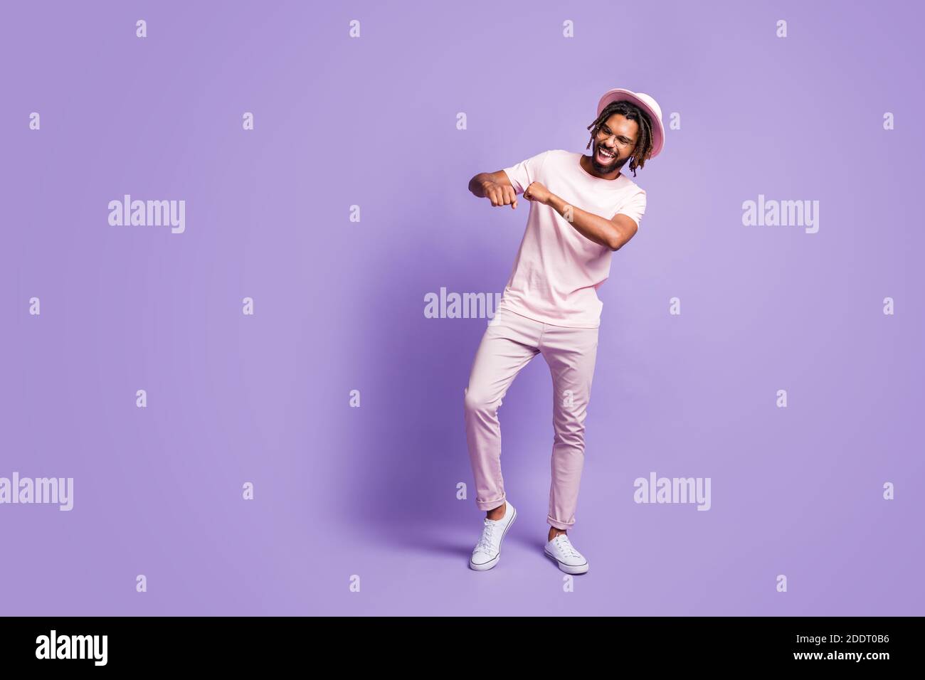 Full size photo of young african handsome cheerful smiling good mood ...