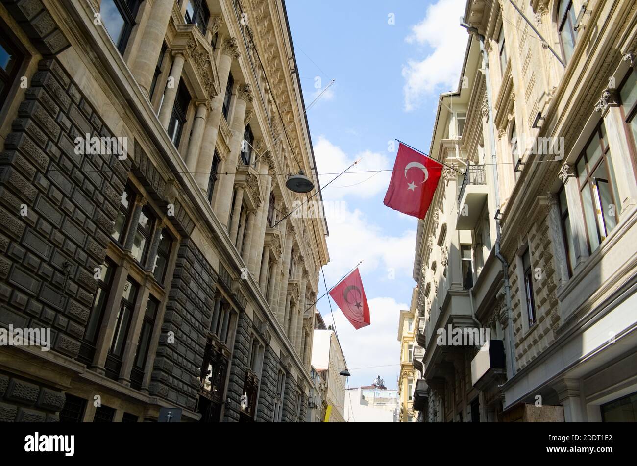 Big Turkish flags waving on the government buildings in the Galata ...